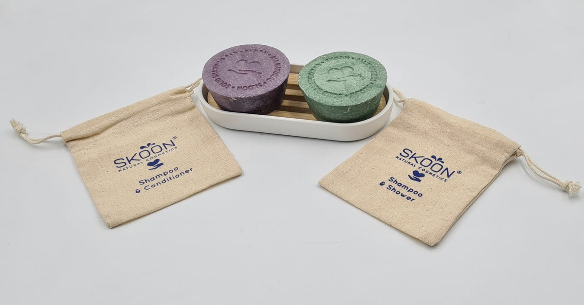 Luxe cadeau set, 100% plastic vrij met 2 bars, houder en travelbags – Skoon Cosmetics